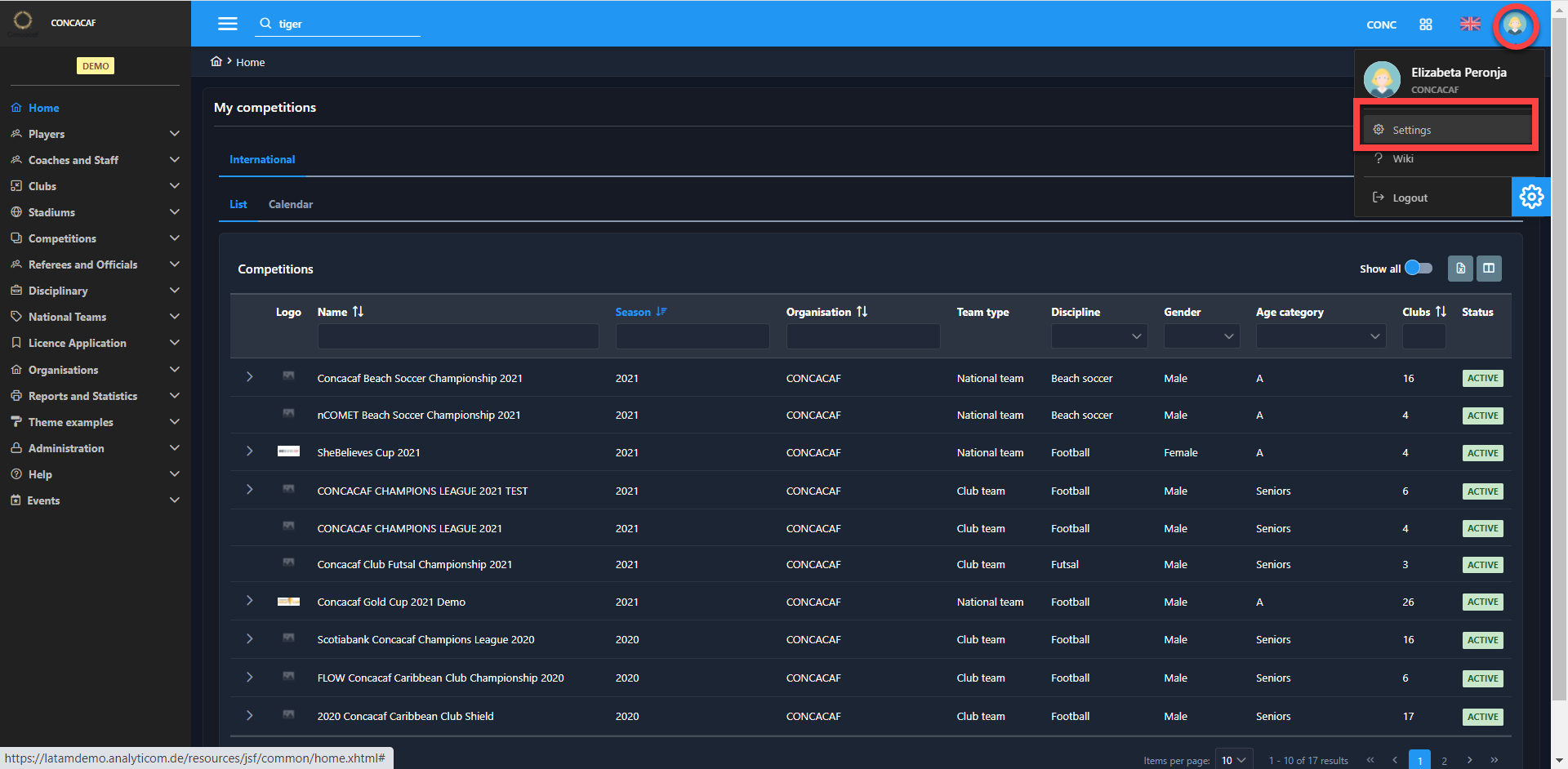 User Menu and Settings